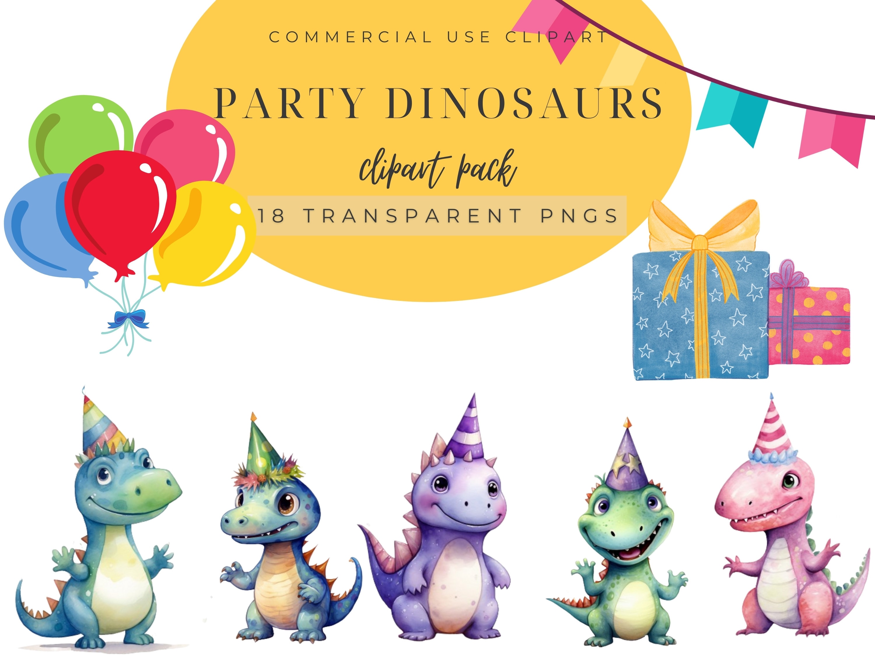 Watercolor Birthday Dinosaur Clipart: Party Dino PNG (commercial Use ...