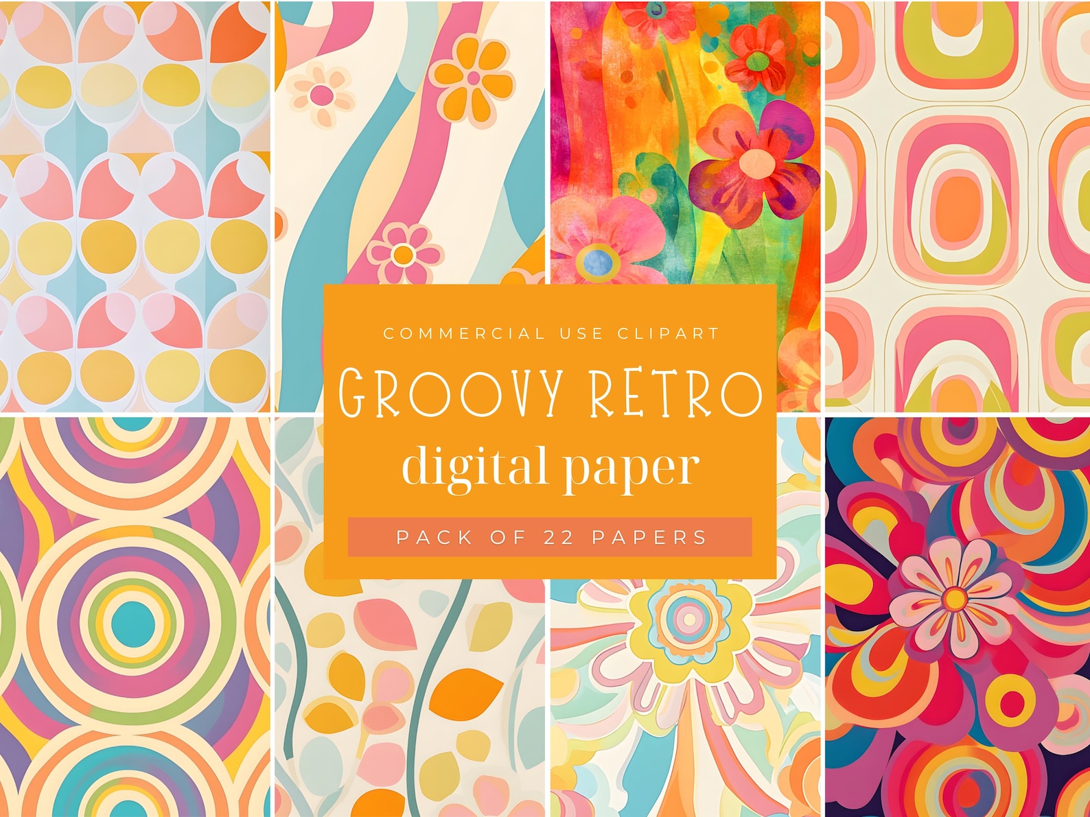 Hippy Pattern, 22 Groovy Digital Papers - Retro Patterns, Retro Groovy ...