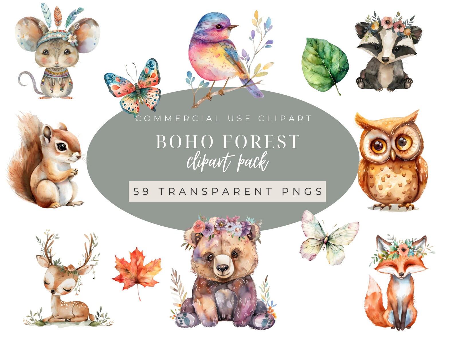 Boho Woodland Animals Clipart, Cute Woodland Animals Clipart, Boho ...
