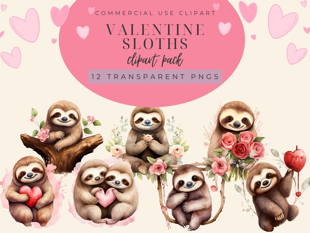 Valentine Sloth Clip Art, Sloth Clipart, Commercial Use, Junk Journal ...