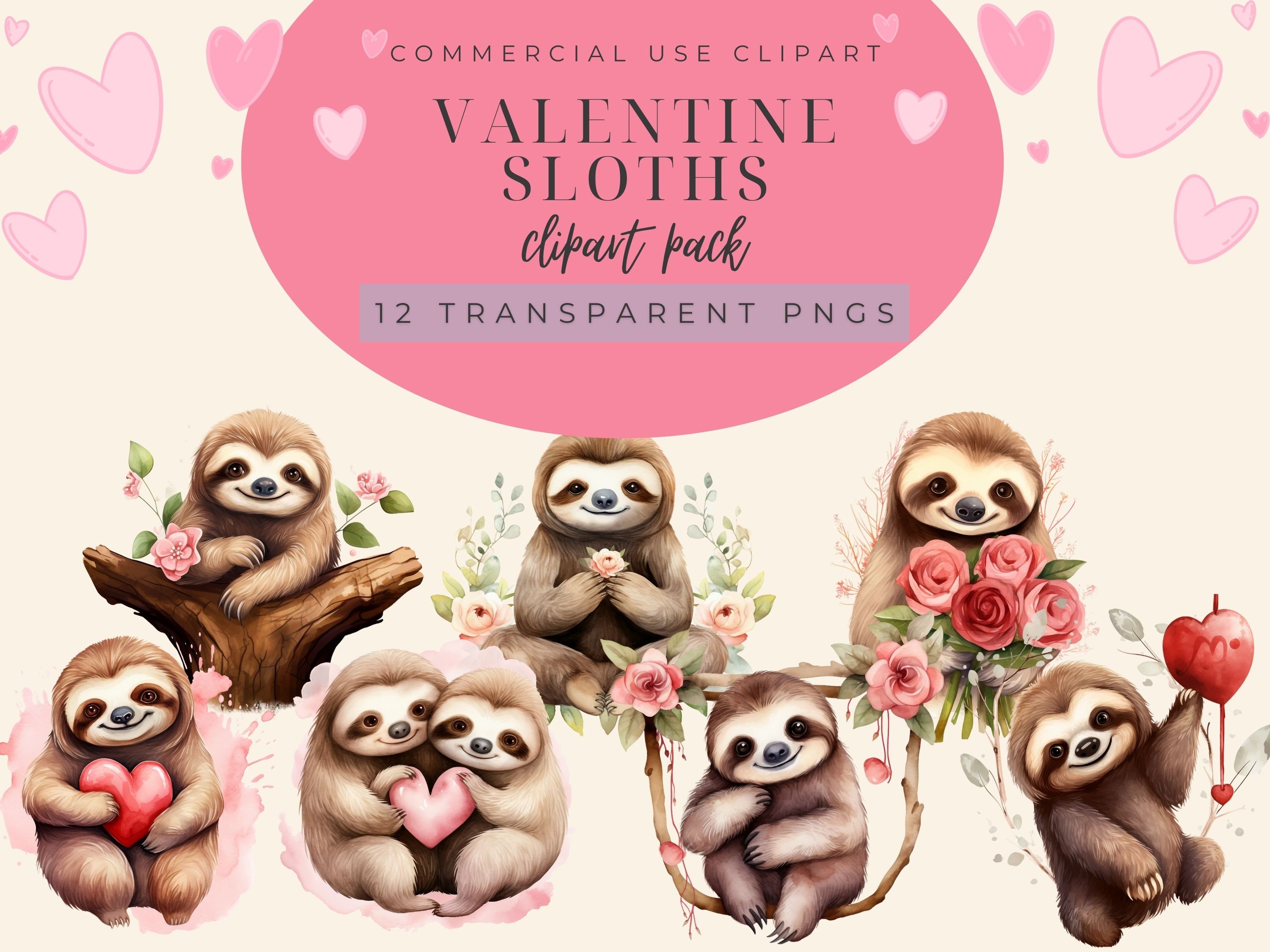 Valentine Sloth Clip Art, Sloth Clipart, Commercial Use, Junk Journal ...