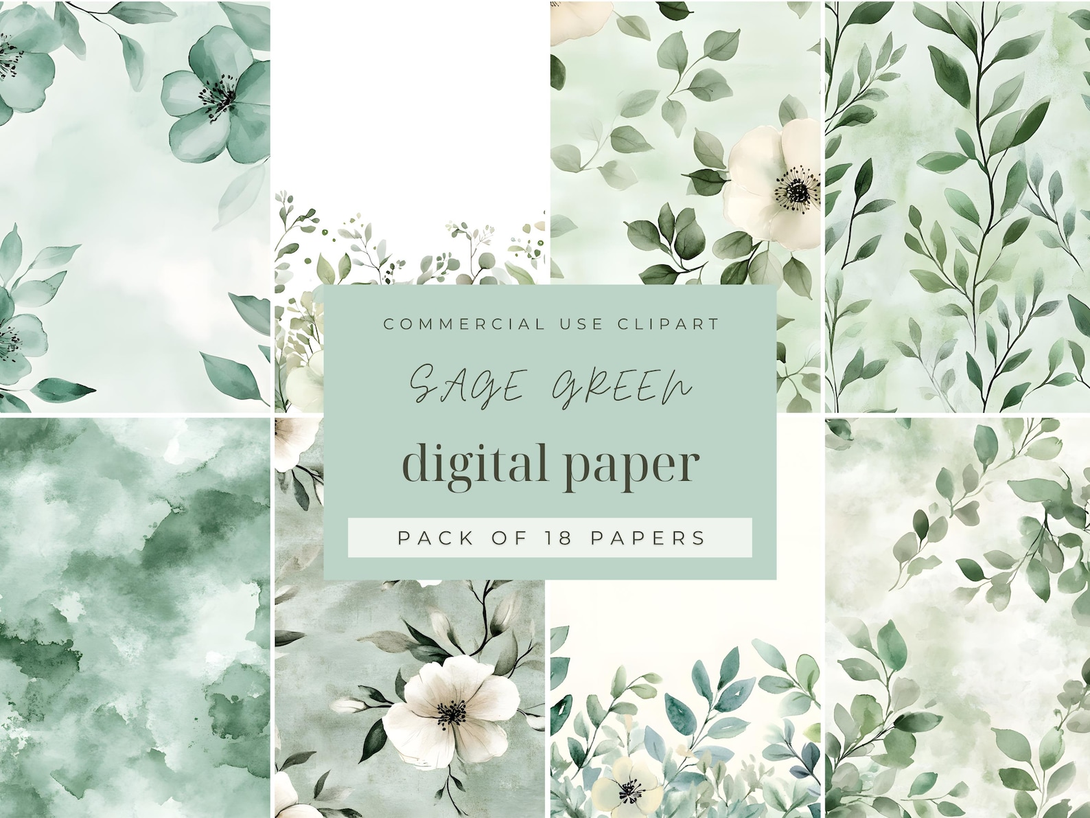 Sage Green Floral Digital Paper: Watercolor Scrapbook Backgrounds ...