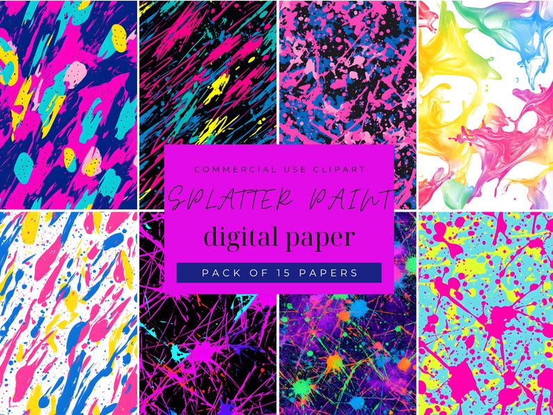 Commercial Use, Neon Paint Splatter Digital Papers Instant Download ...