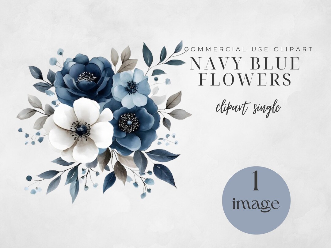 Navy Blue Floral Clipart, Watercolor Flower Graphics for Wedding ...