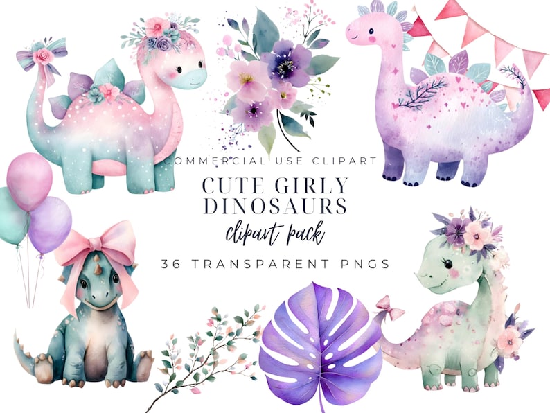 Girly Dinosaur Clipart, Cute Watercolor Dinos, Digital Download PNG ...