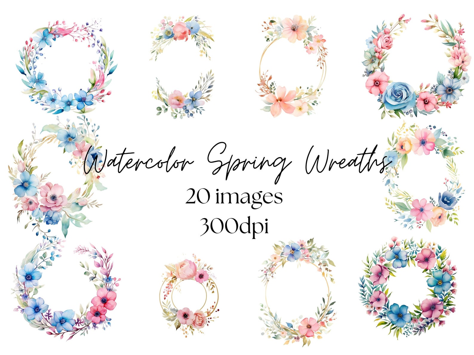 Watercolor Spring Flower Wreath Clipart: 20 PNG Designs (commercial Use ...