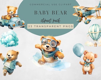 Cute Teddy Bear Clipart Bundle, Boho Bear Baby Shower Clipart, Hot Air Balloon, Baby Birthday ...