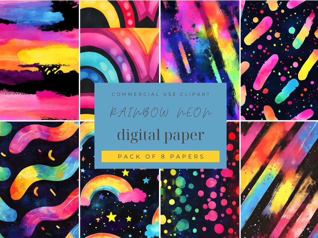 Neon Rainbow Digital Paper: Vibrant Scrapbook Patterns (instant ...