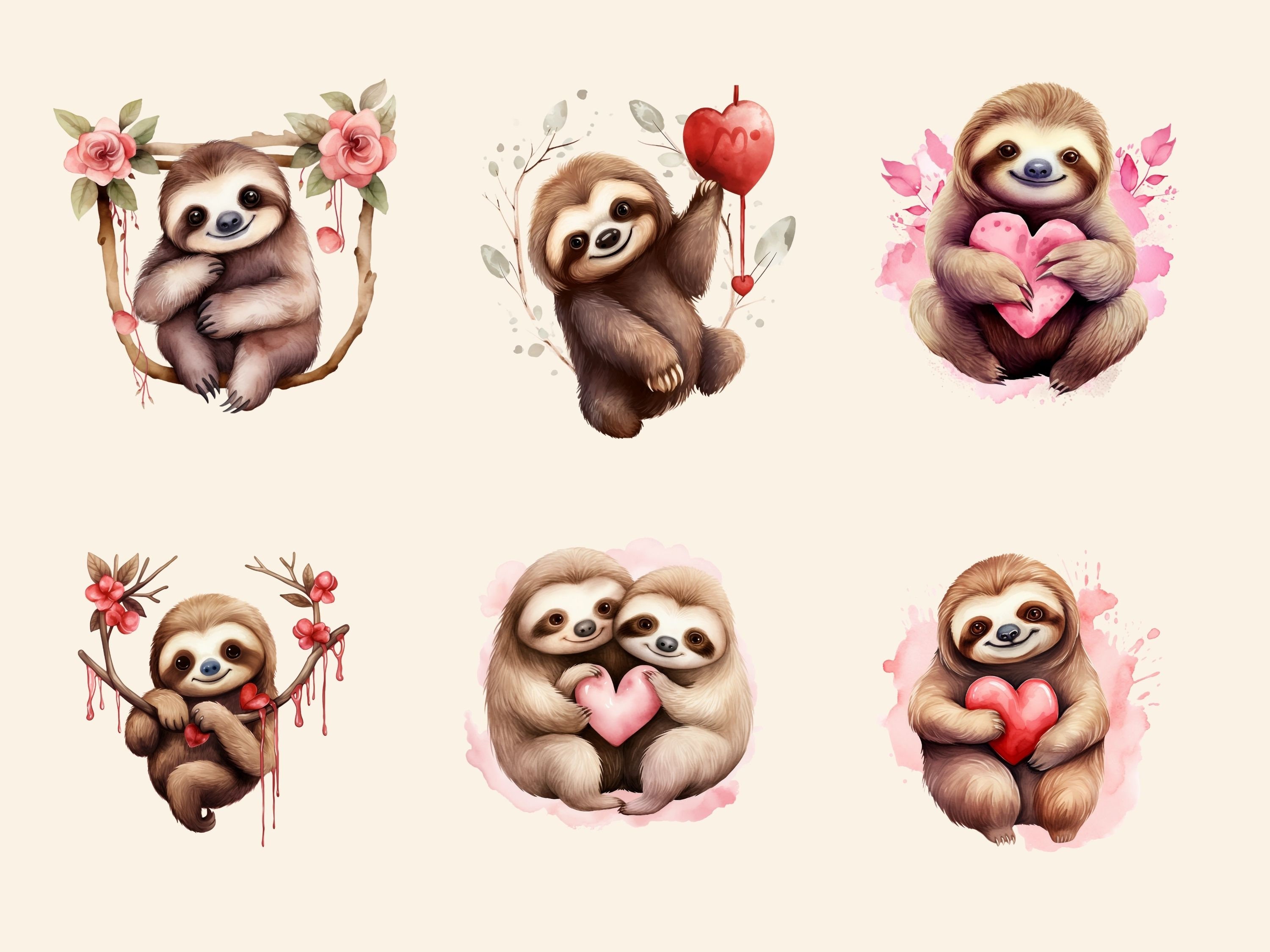 Valentine Sloth Clip Art, Sloth Clipart, Commercial Use, Junk Journal ...