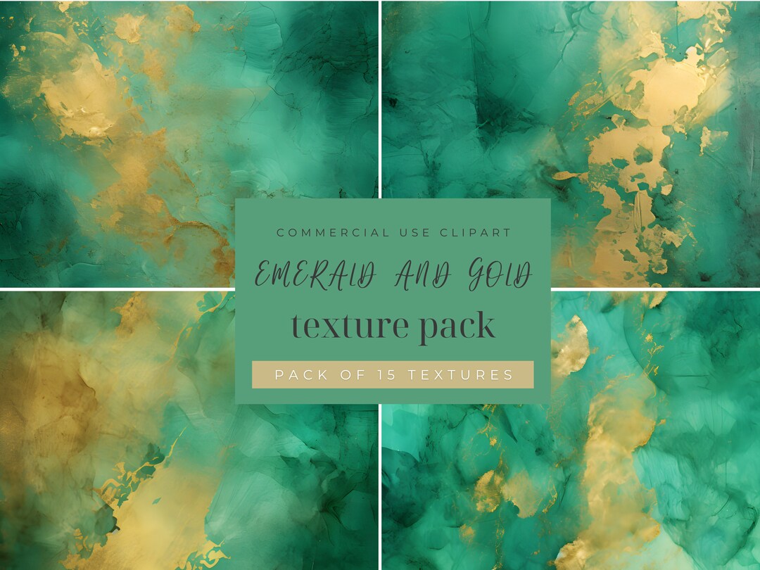 Emerald & Gold Watercolor Texture Clipart: Abstract Ink Backgrounds ...