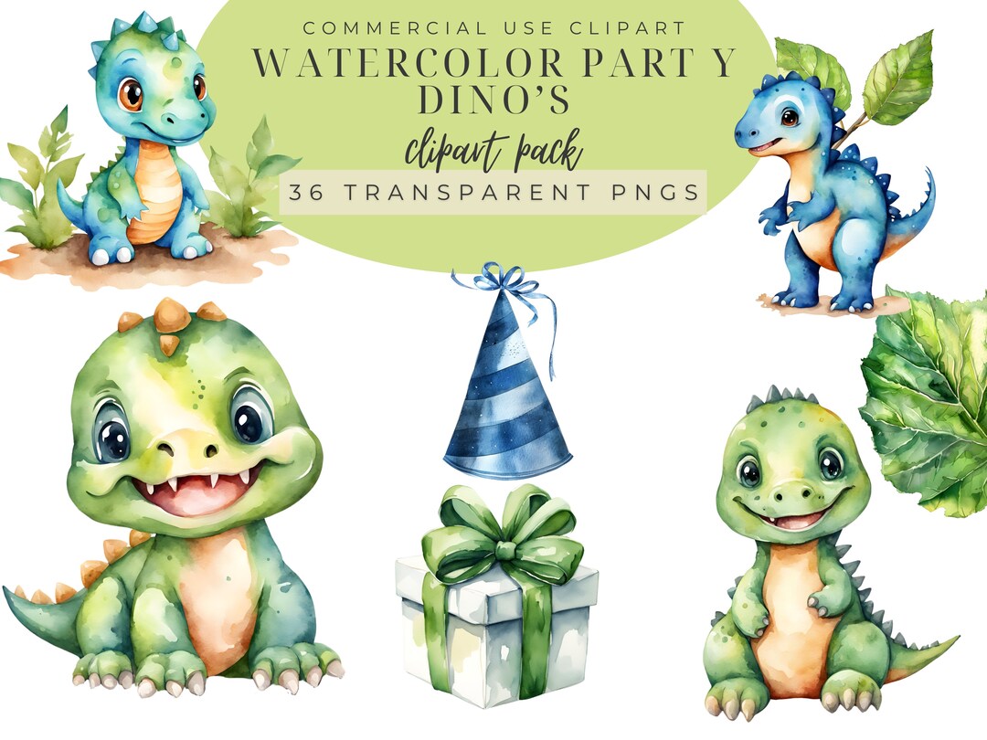 Watercolor Birthday Dinosaur Clipart, Cute Dino Clipart, PNG, Dinosaur ...