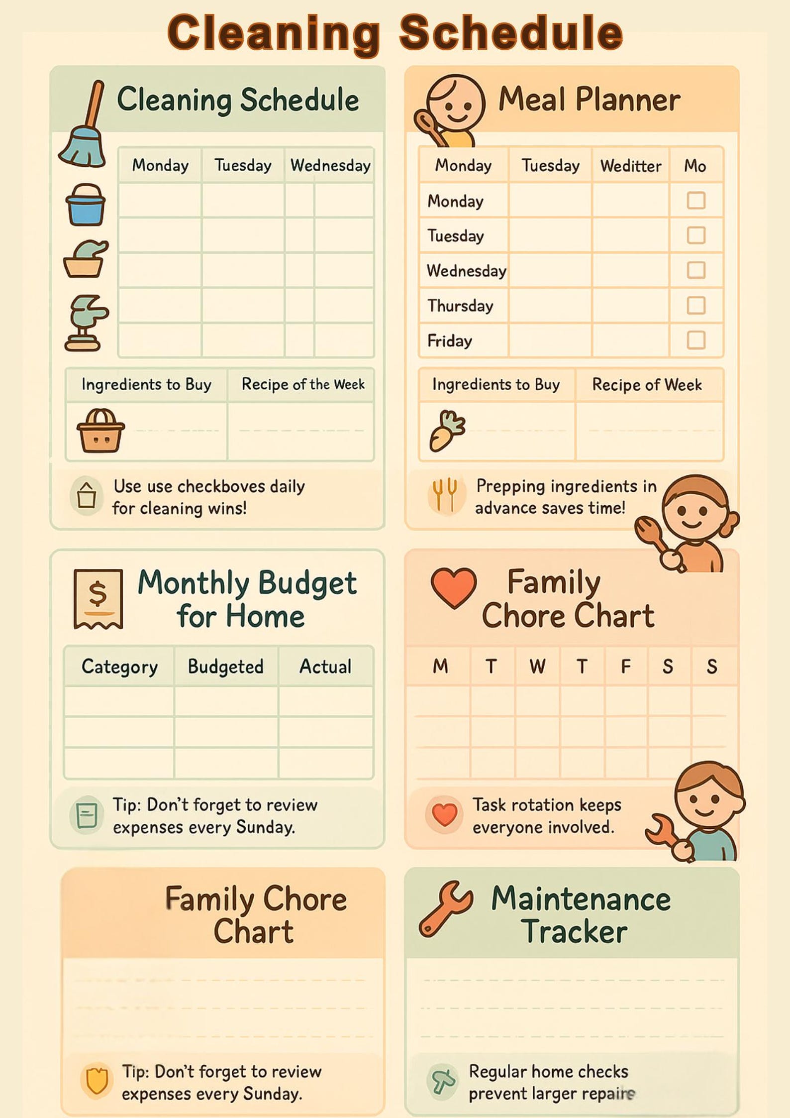 Printable Cleaning Schedule & Family Planner | Home Organization Chart ...