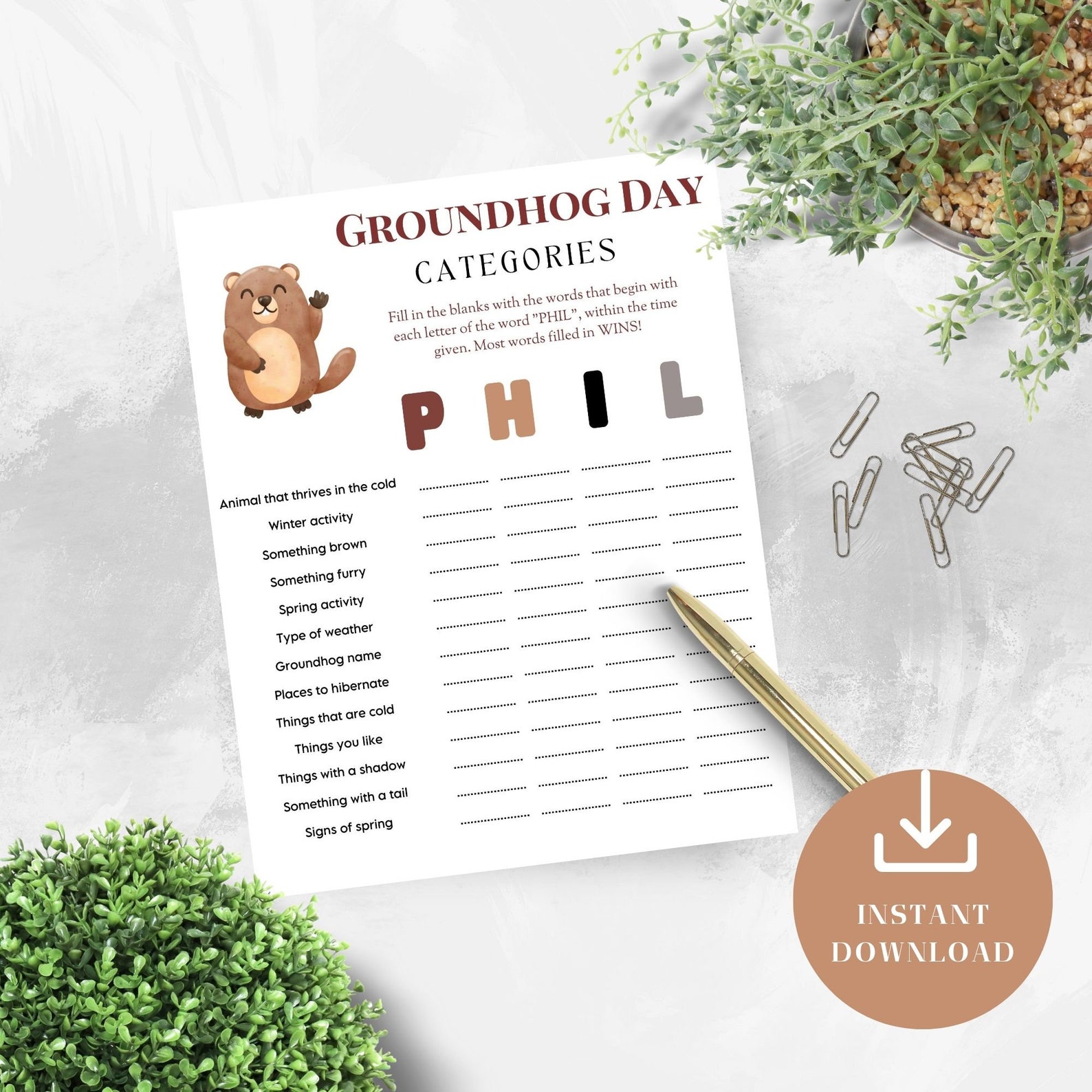 Groundhog Day Categories, Fun Party Game for Kids and Adults, Printable ...