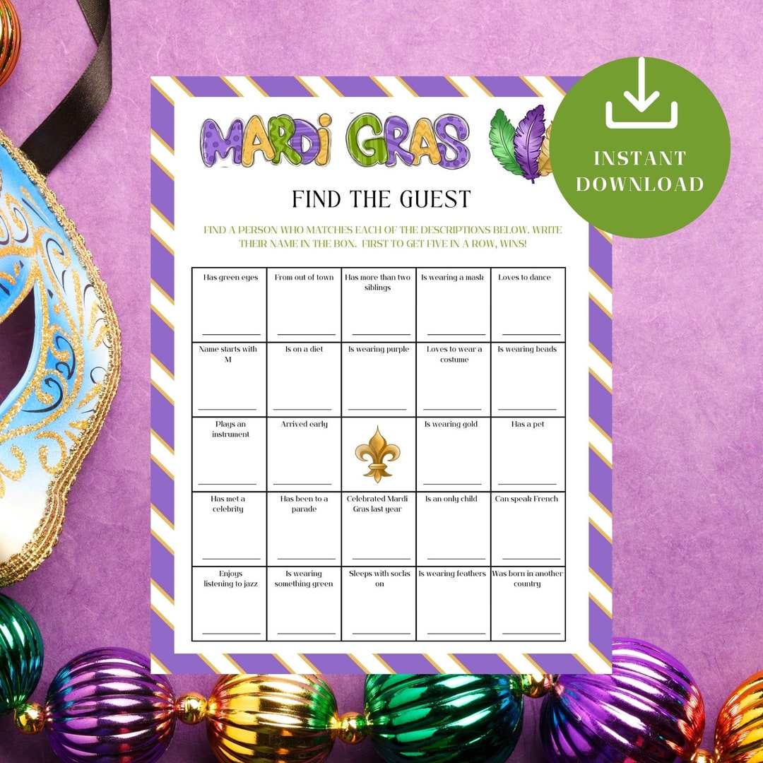 Mardi Gras Party Game, Find the Guest Human Bingo, New Orleans Carnival ...