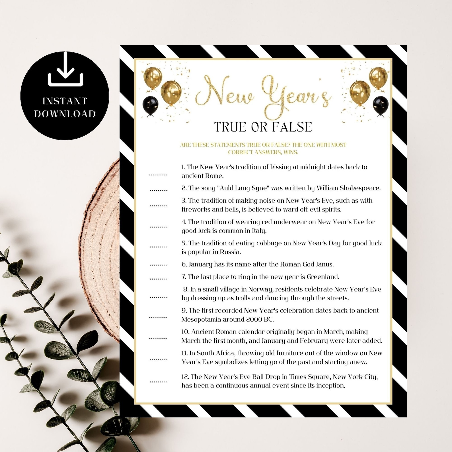 New Years Party Game Printable, True or False, NYE Icebreaker Activity ...
