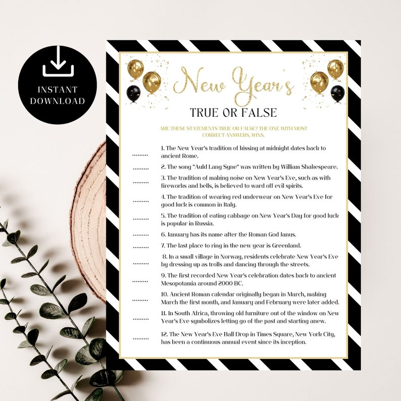 New Years Party Game Printable, True or False, NYE Icebreaker Activity ...