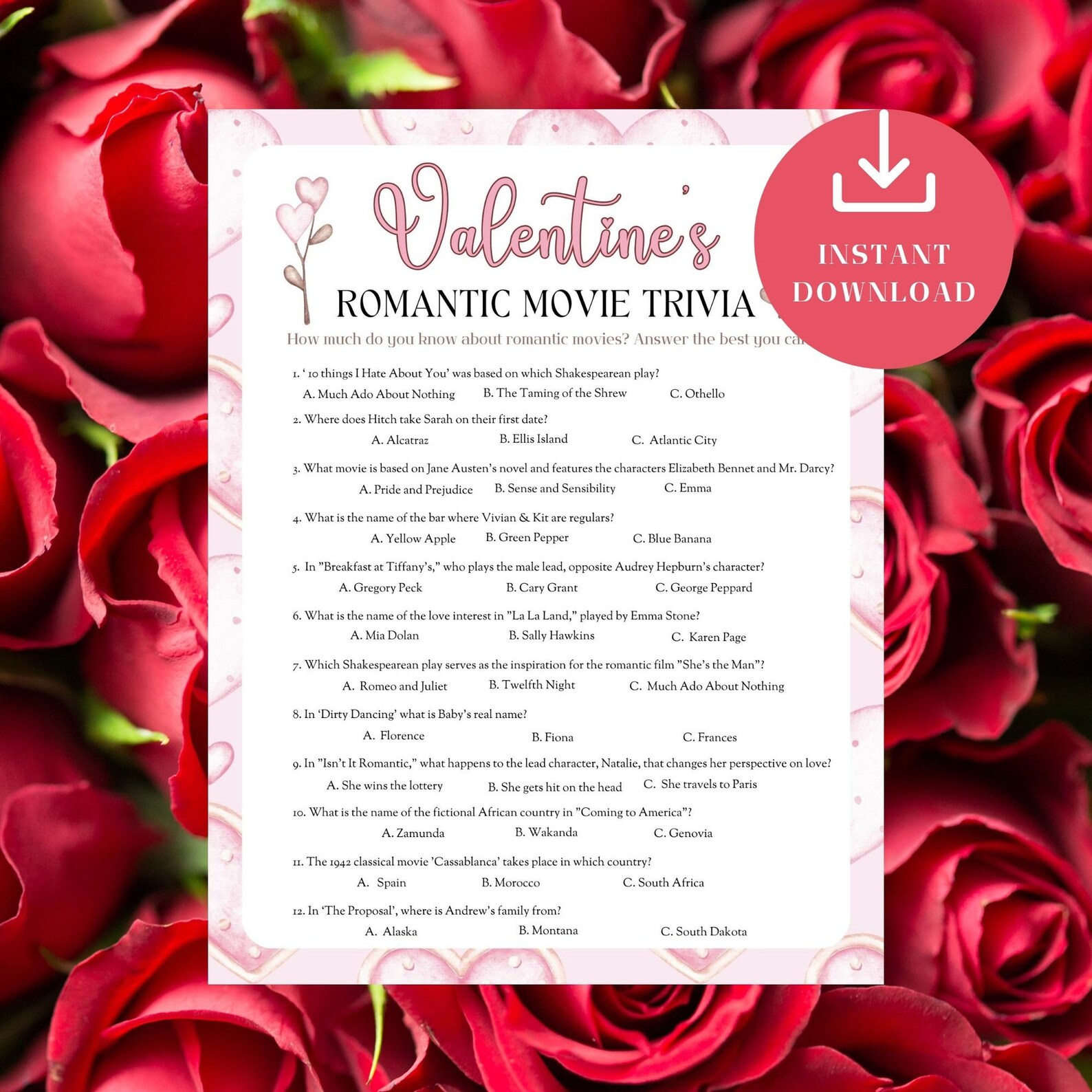Romantic Movie Trivia Questions, Valentine's Day Party Game, Girls ...