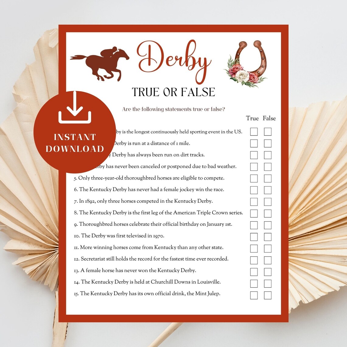 Kentucky Derby Trivia Game, True or False, Triple Crown Party Game ...