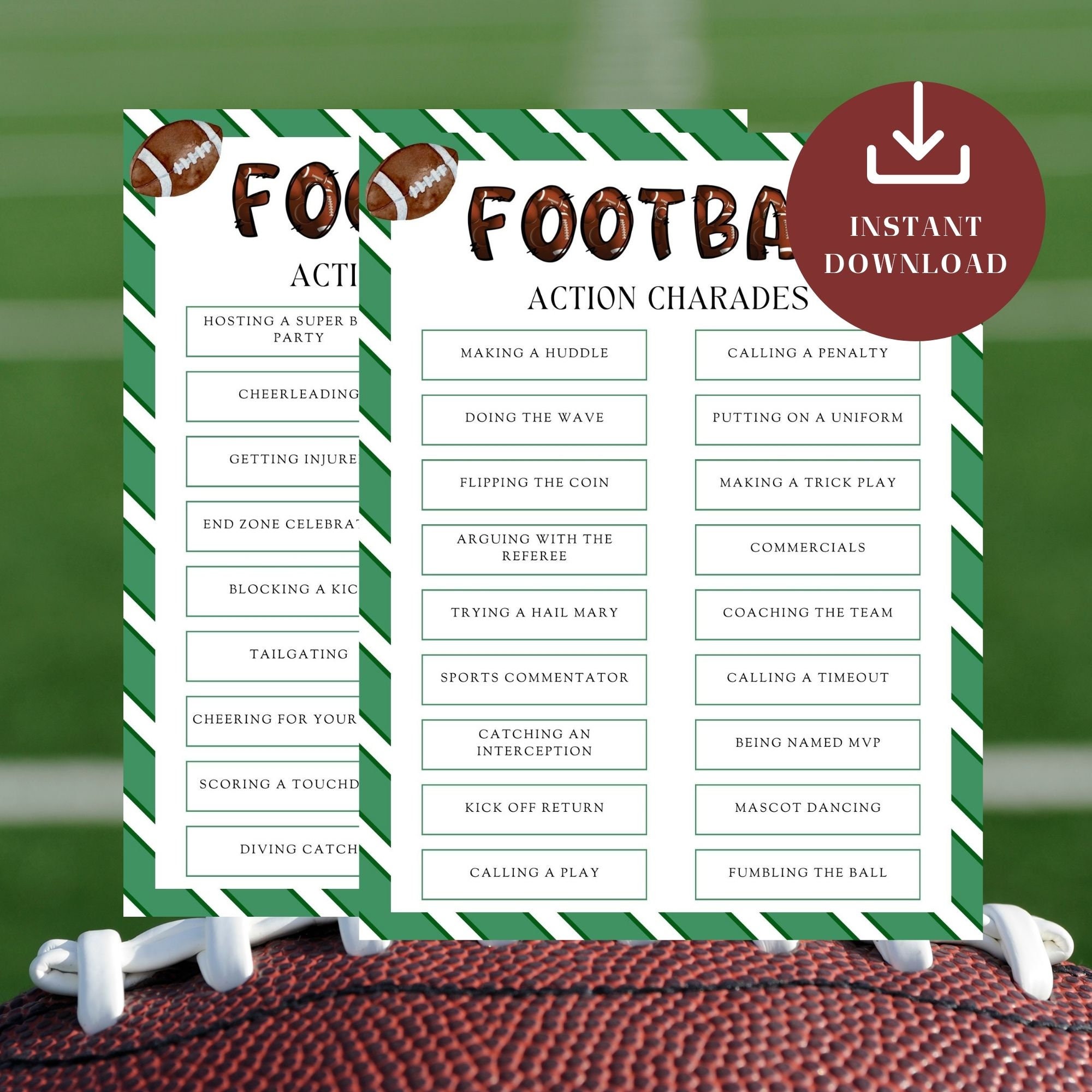 Football Action Charades, 42 Cards, American Football Party Game Day ...