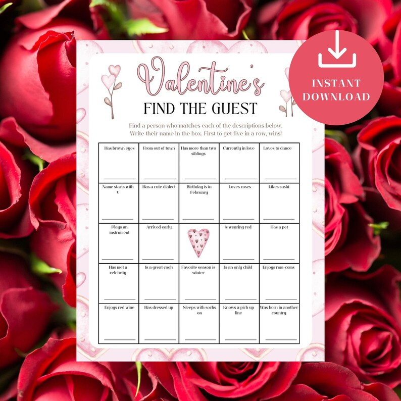 Valentine's Day Party Game Printable, Find the Guest Bingo, V Day Last ...