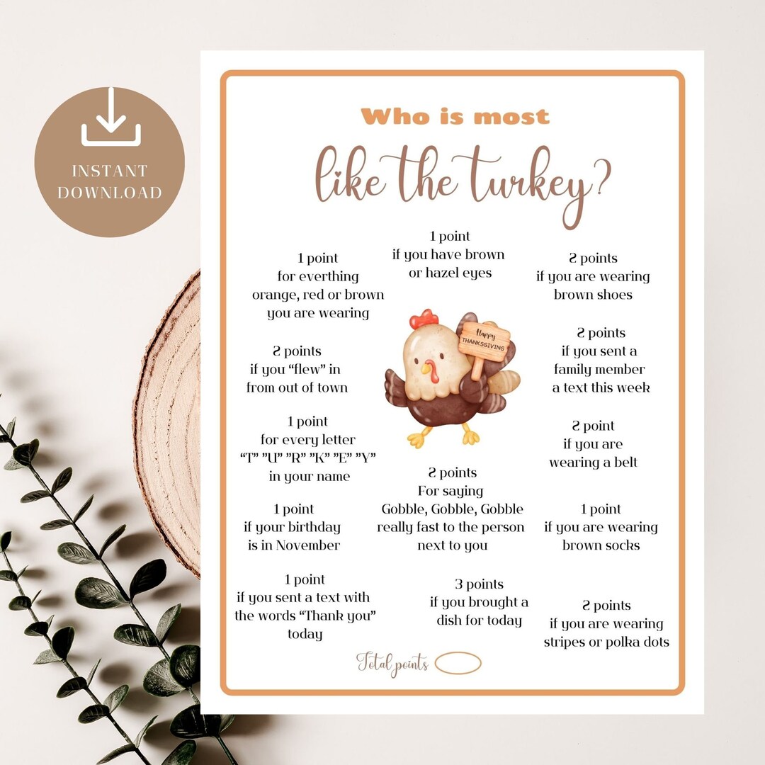 Who is Most Like the Turkey Thanksgiving Game for Kids and Adults, Fall ...