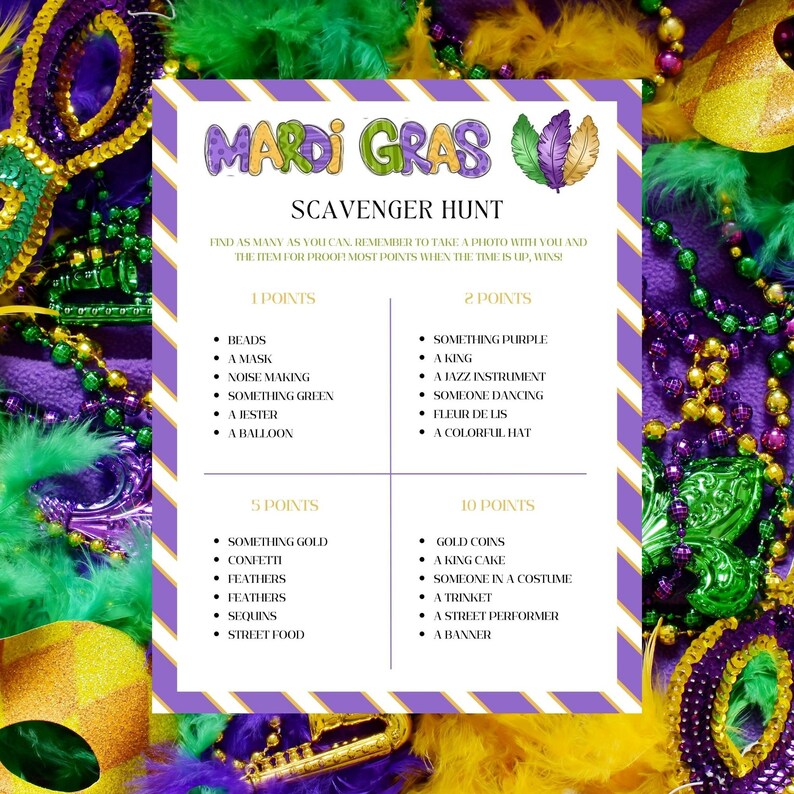 Mardi Gras Scavenger Hunt Party Game, New Orleans Carnival Fun Easy ...