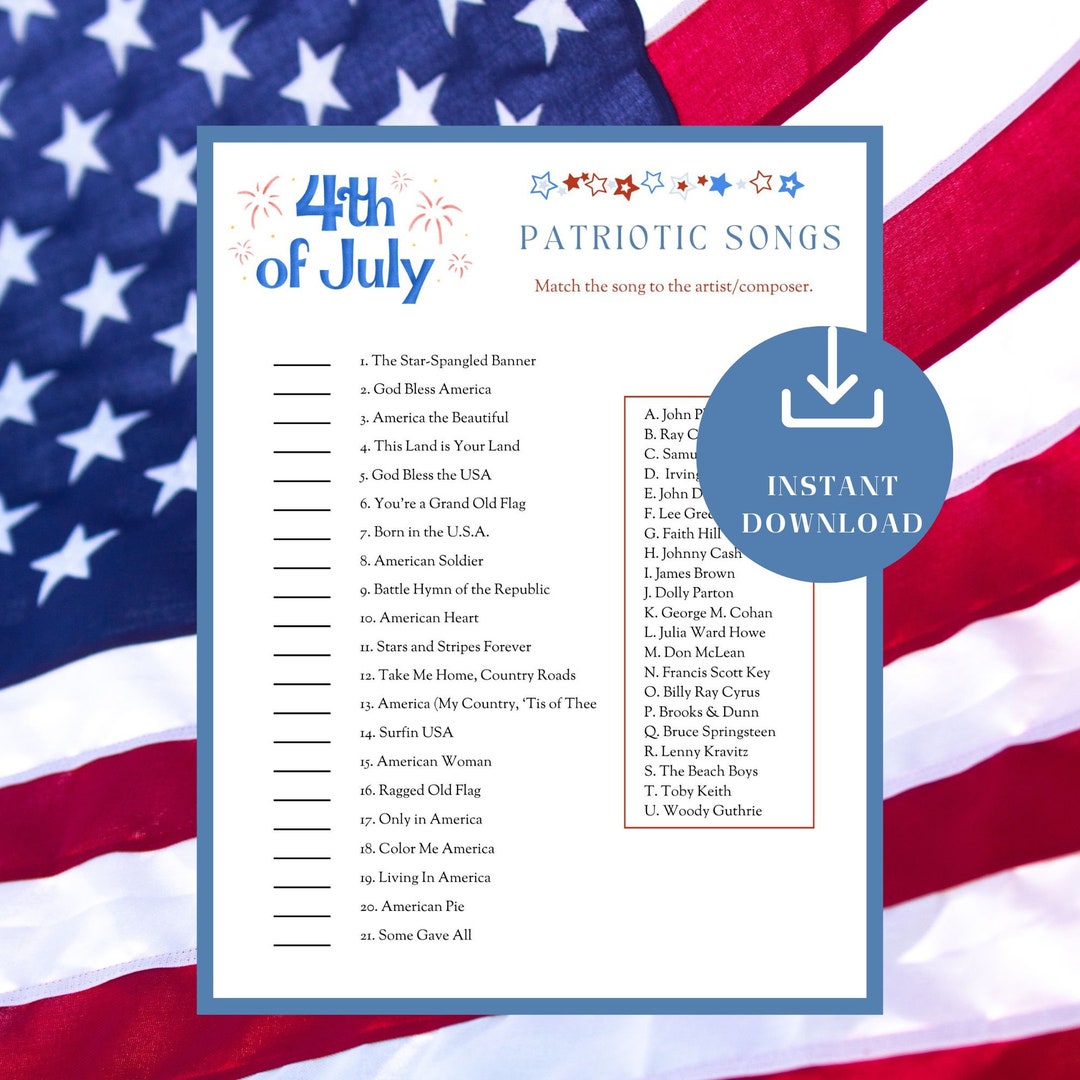 Patriotic Songs Match, 4th of July Party Game, Fourth, Kids & Adults ...