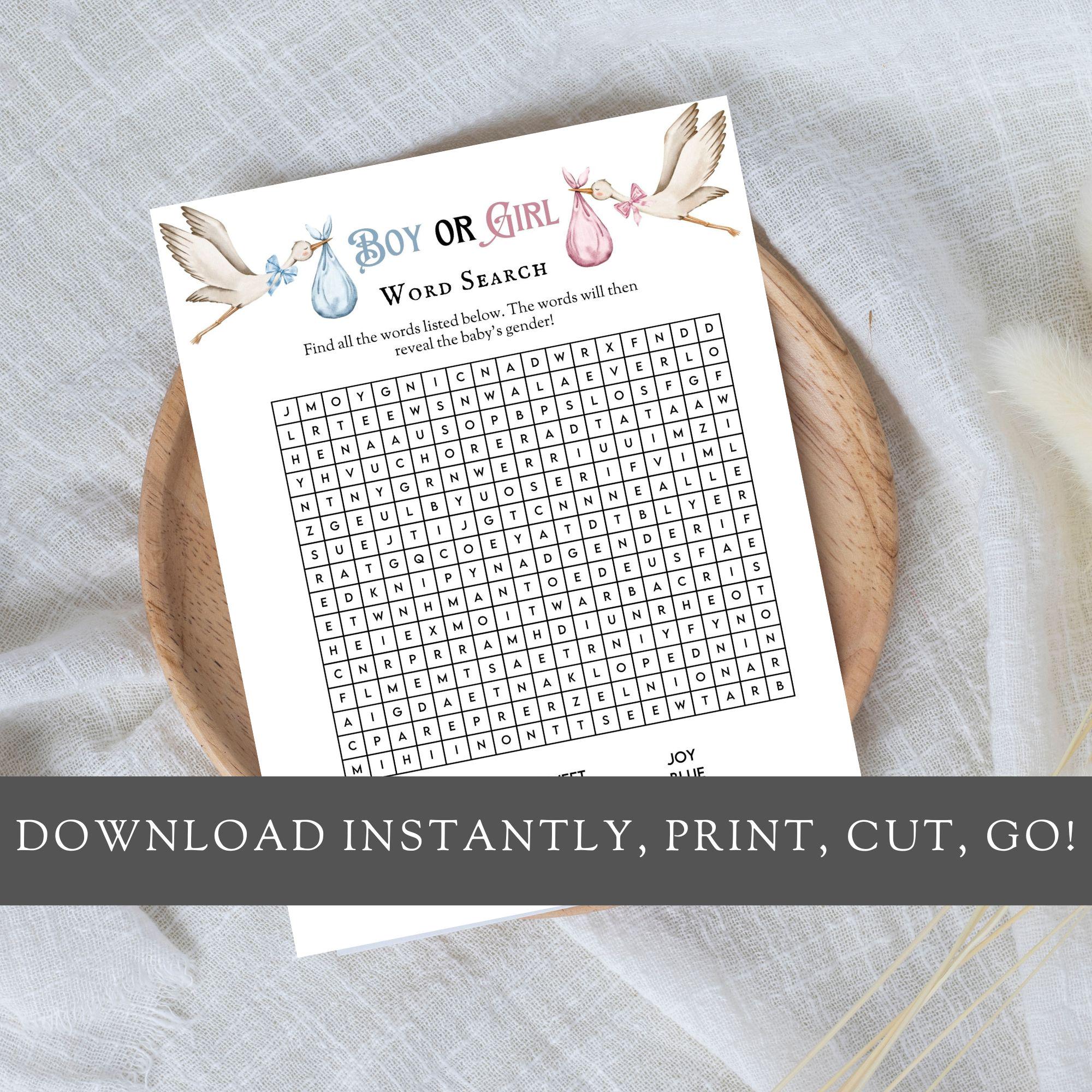 It's a Boy Puzzle, Gender Reveal Word Search Activity, Baby Shower Game ...