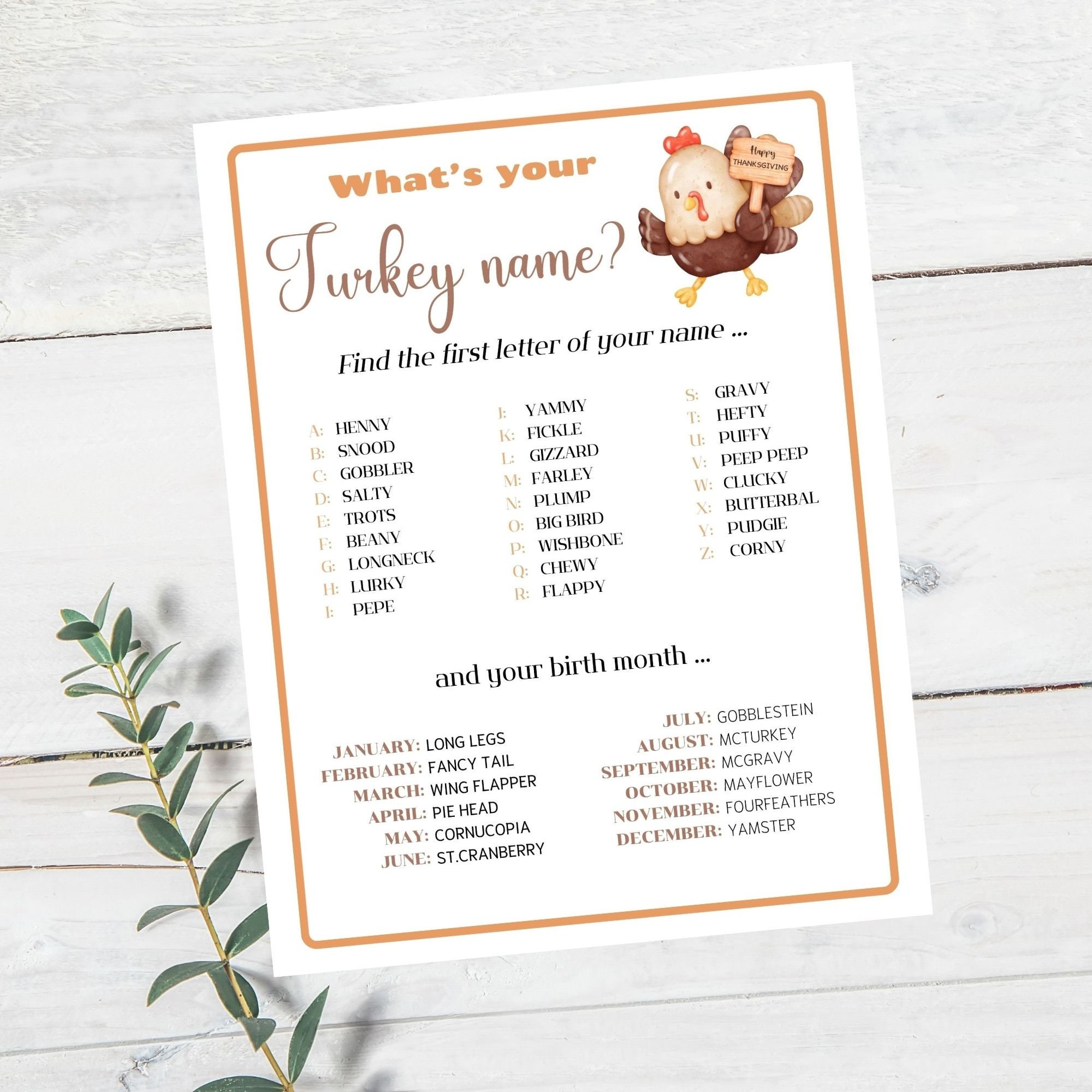 What's Your Turkey Name Thanksgiving Game for Kids and Adults, Fall ...