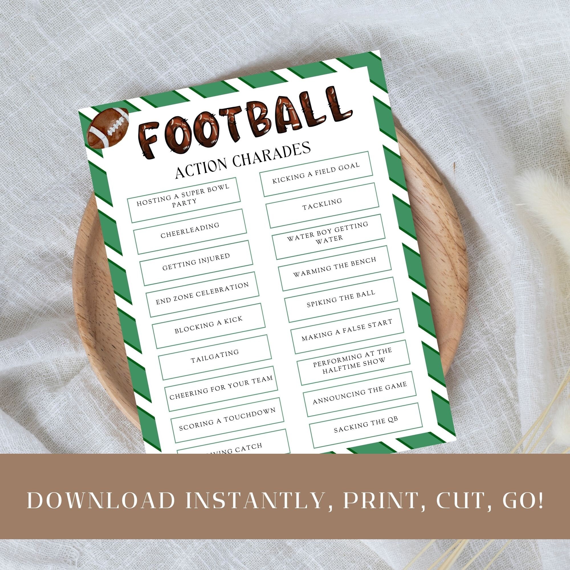 Football Action Charades, 42 Cards, American Football Party Game Day ...