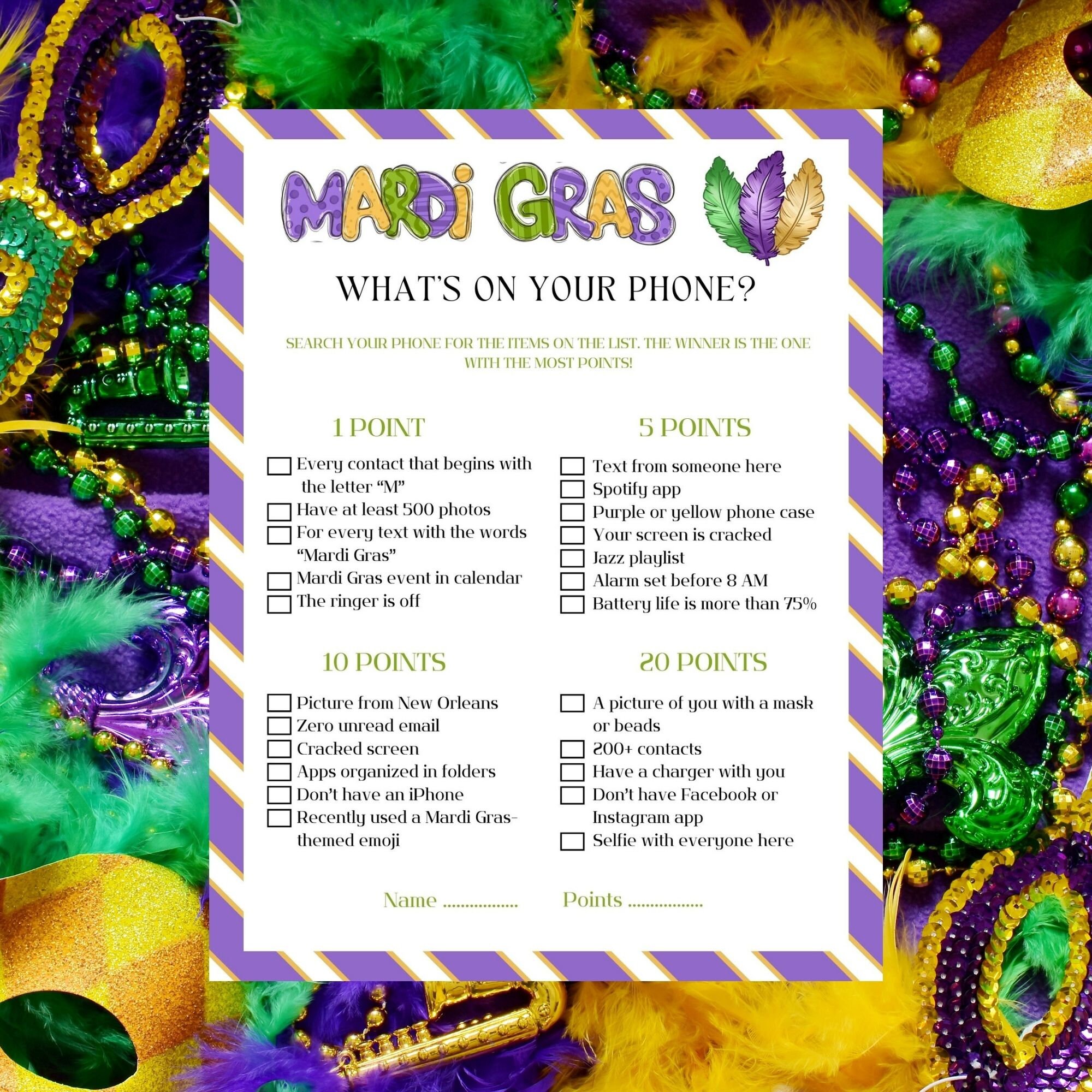 Mardi Gras Party Game, What's on Your Phone, Mardi Gras Carnival Fun ...