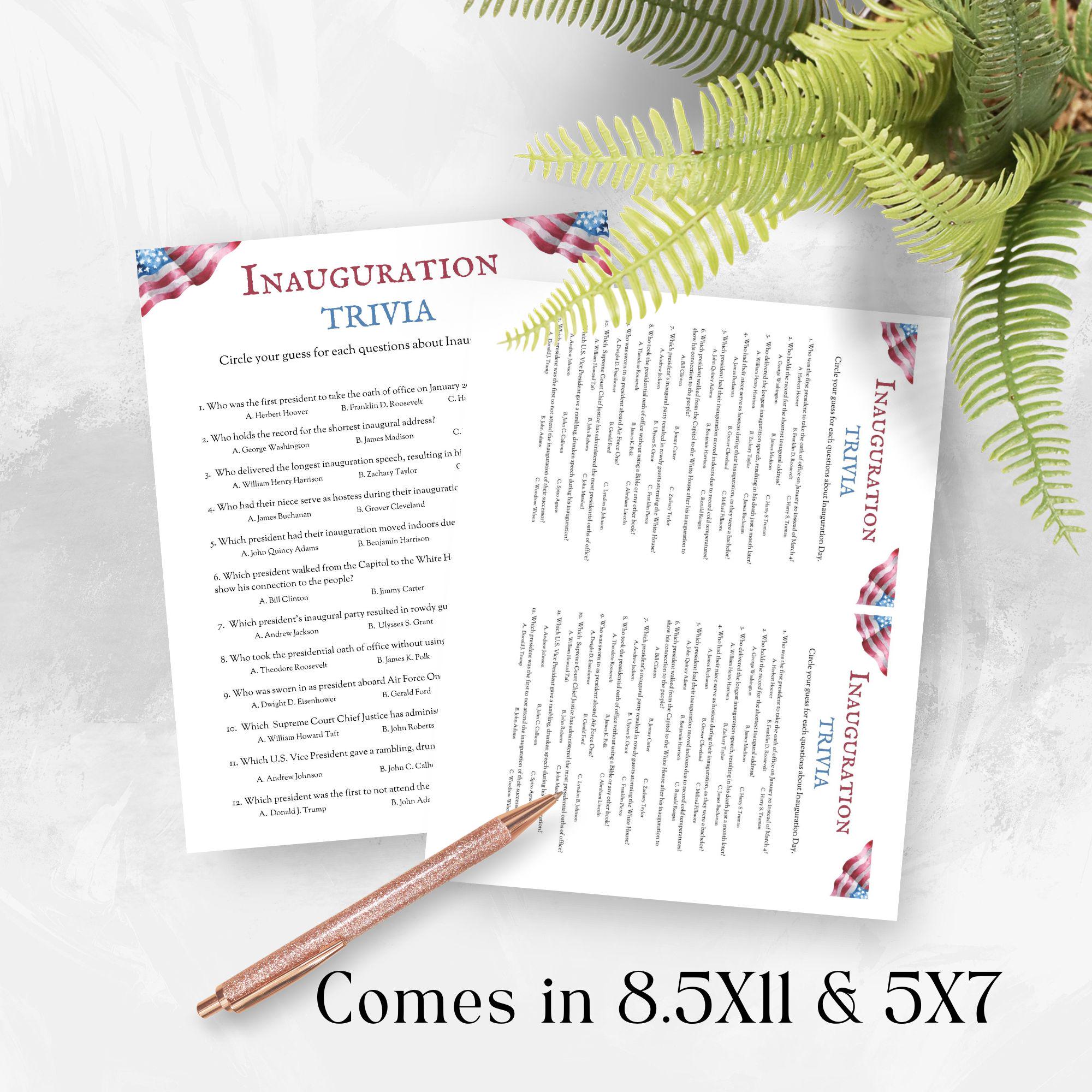 Inauguration Day Trivia Party Games, Questions About USA Presidents ...