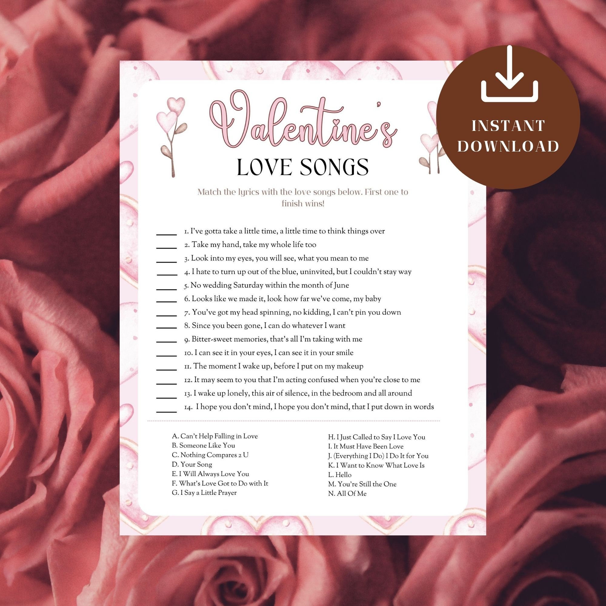 Love Songs Match, Valentine's Day Party Games, DIY Best Game for V Day ...