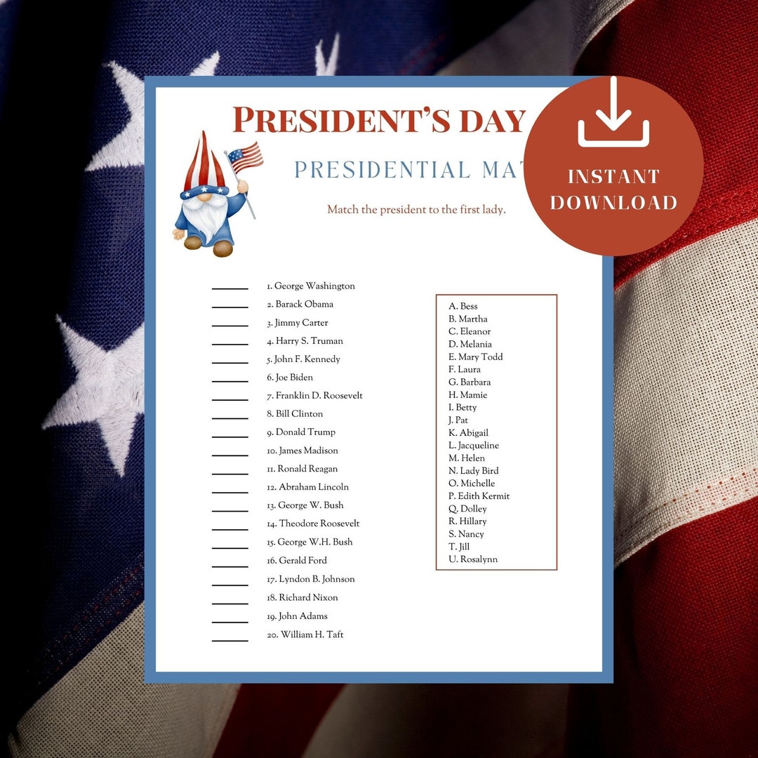 Match POTUS FLOTUS, President's Day Party Game, for Kids & Adults, Fun ...