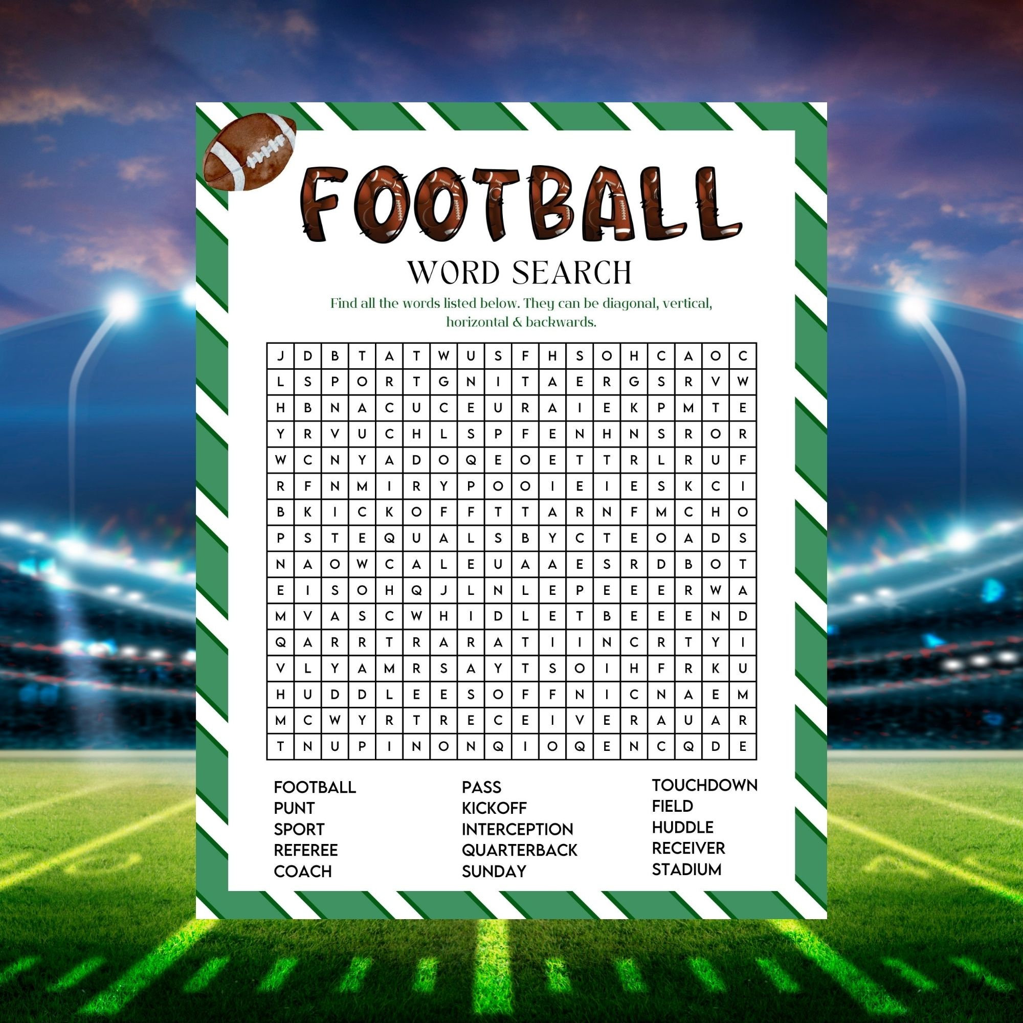 Football Word Search Party Game, American Football Games for Kids Teens ...