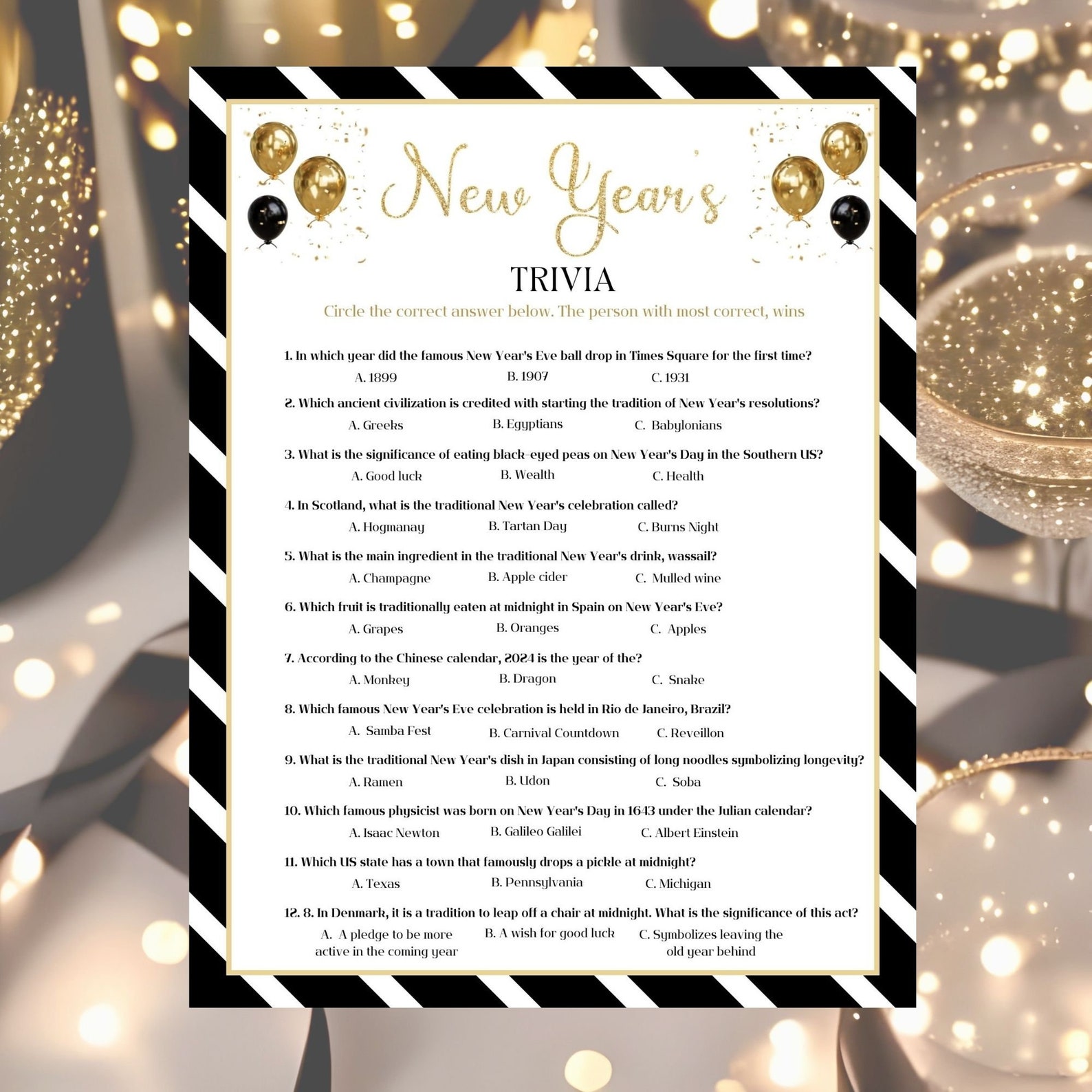 New Years Trivia Party Game Printable NYE Icebreaker - Etsy
