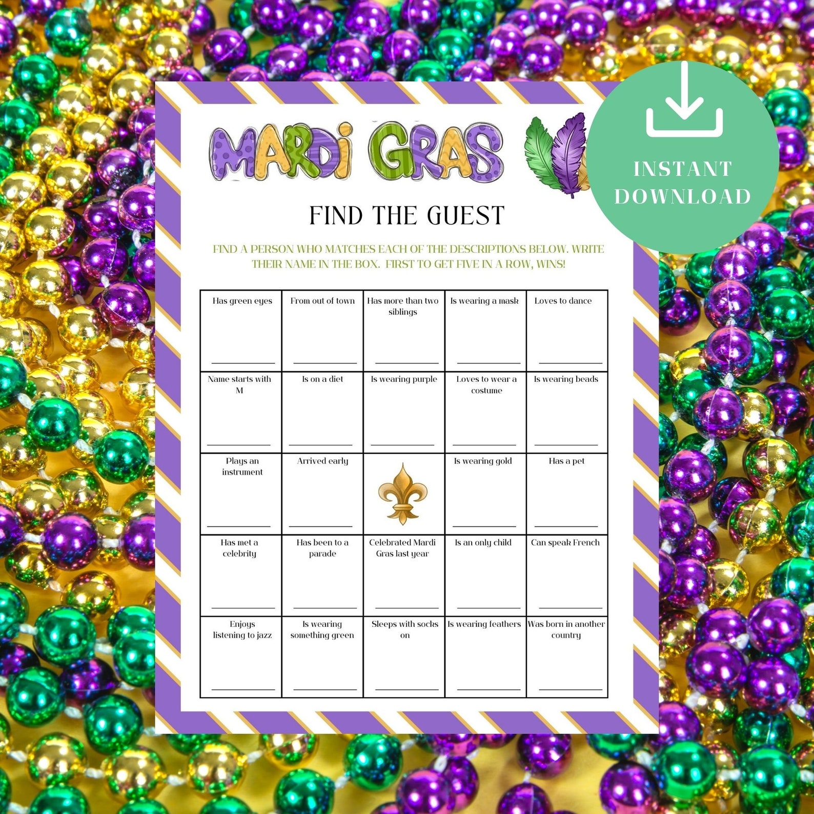 Mardi Gras Party Game, Find the Guest Human Bingo, New Orleans Carnival ...
