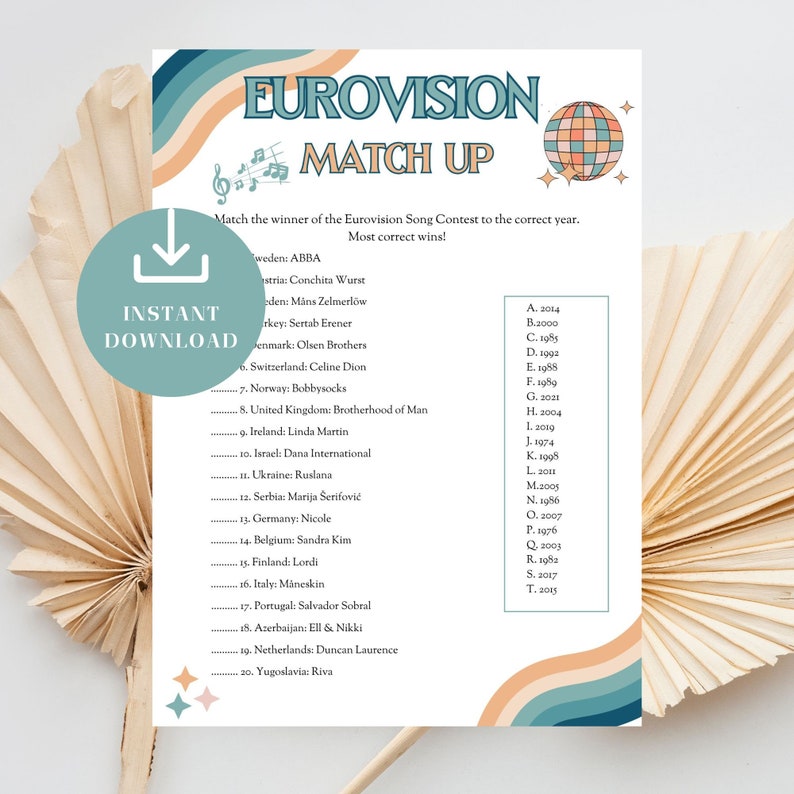 Eurovision Trivia Game Printable, Match Up, ESC Song Contest Party Game ...