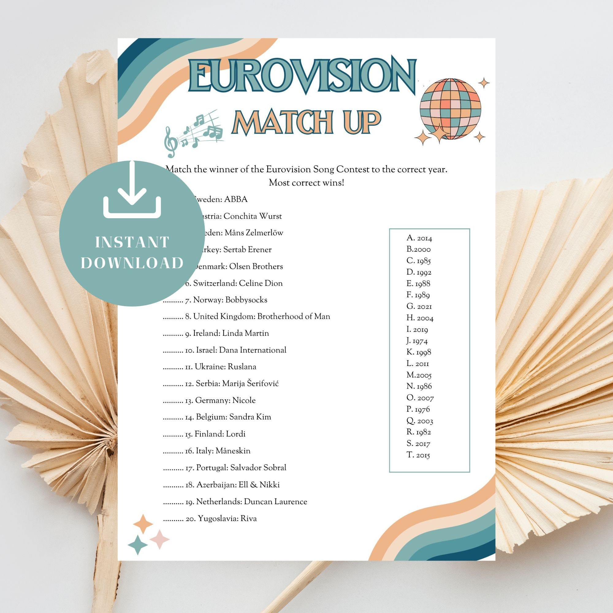 Eurovision Trivia Game Printable, Match Up, ESC Song Contest Party Game ...