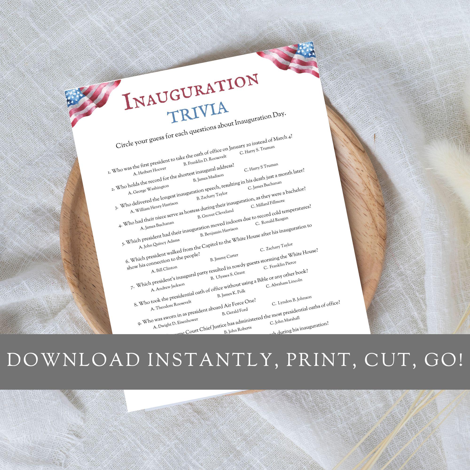 Inauguration Day Trivia Party Games, Questions About USA Presidents ...