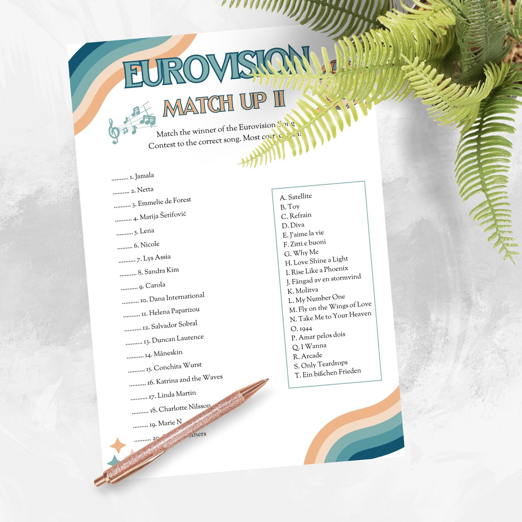 Eurovision Trivia Game Printable, Match Up, ESC Song Contest Party Game ...