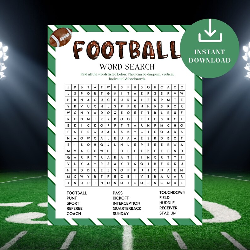 Football Word Search Party Game, American Football Games for Kids Teens ...