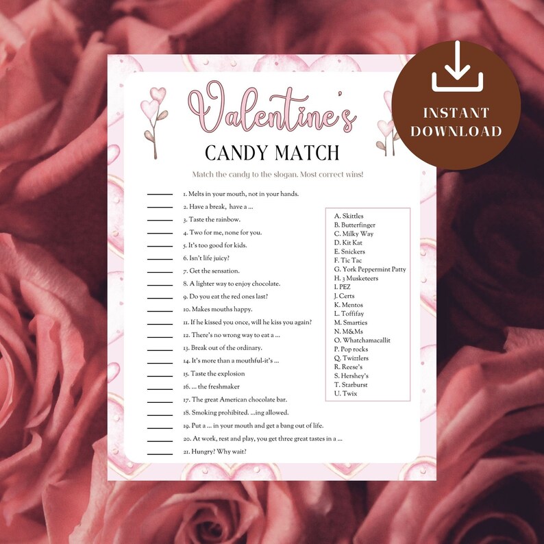Valentine's Day Party Game Printables, Candy Match Slogans, V Day Last ...