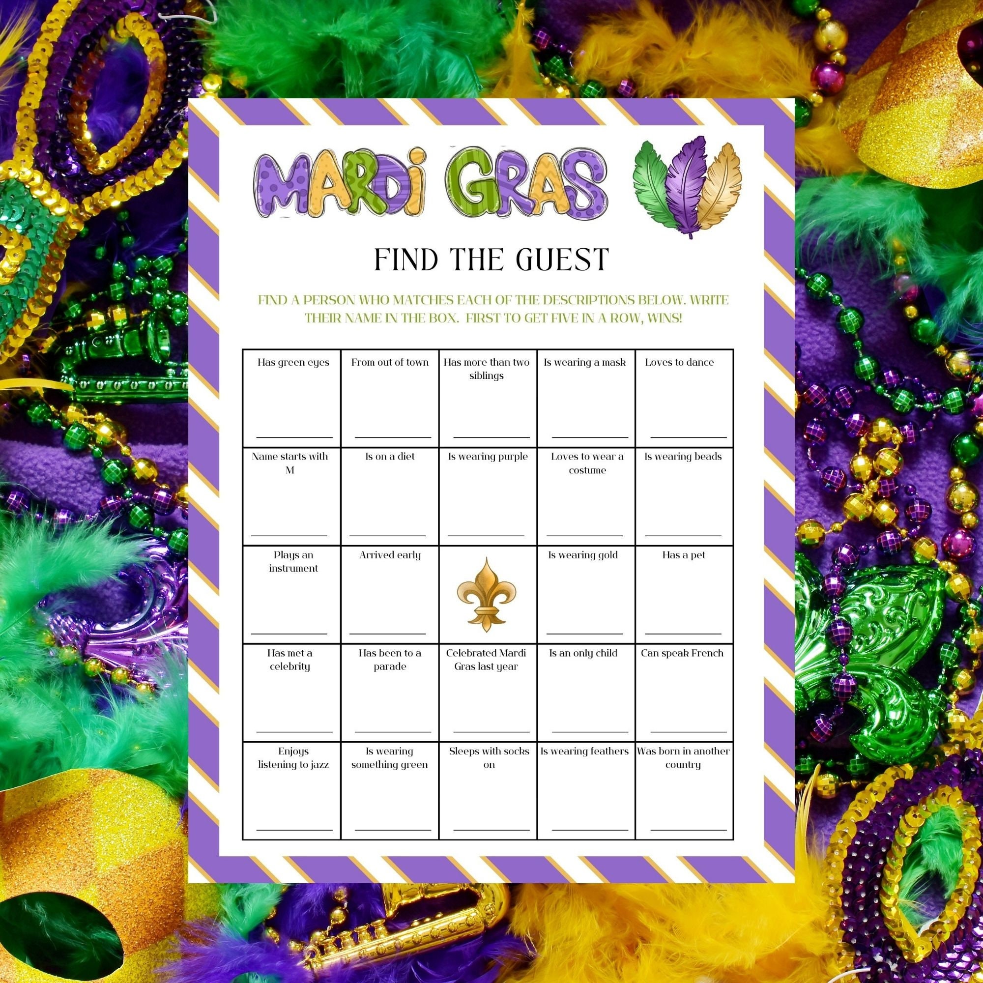 Mardi Gras Party Game, Find the Guest Human Bingo, New Orleans Carnival ...