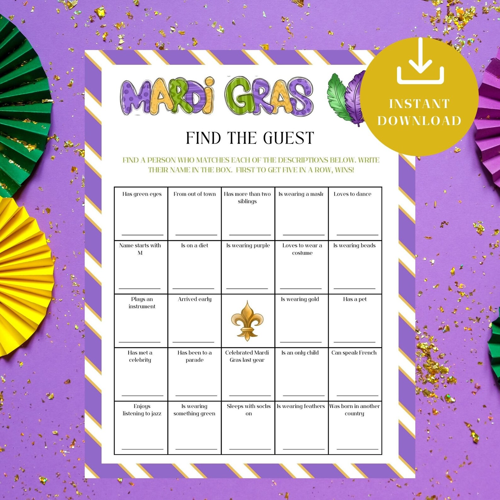 Mardi Gras Party Game, Find the Guest Human Bingo, New Orleans Carnival ...