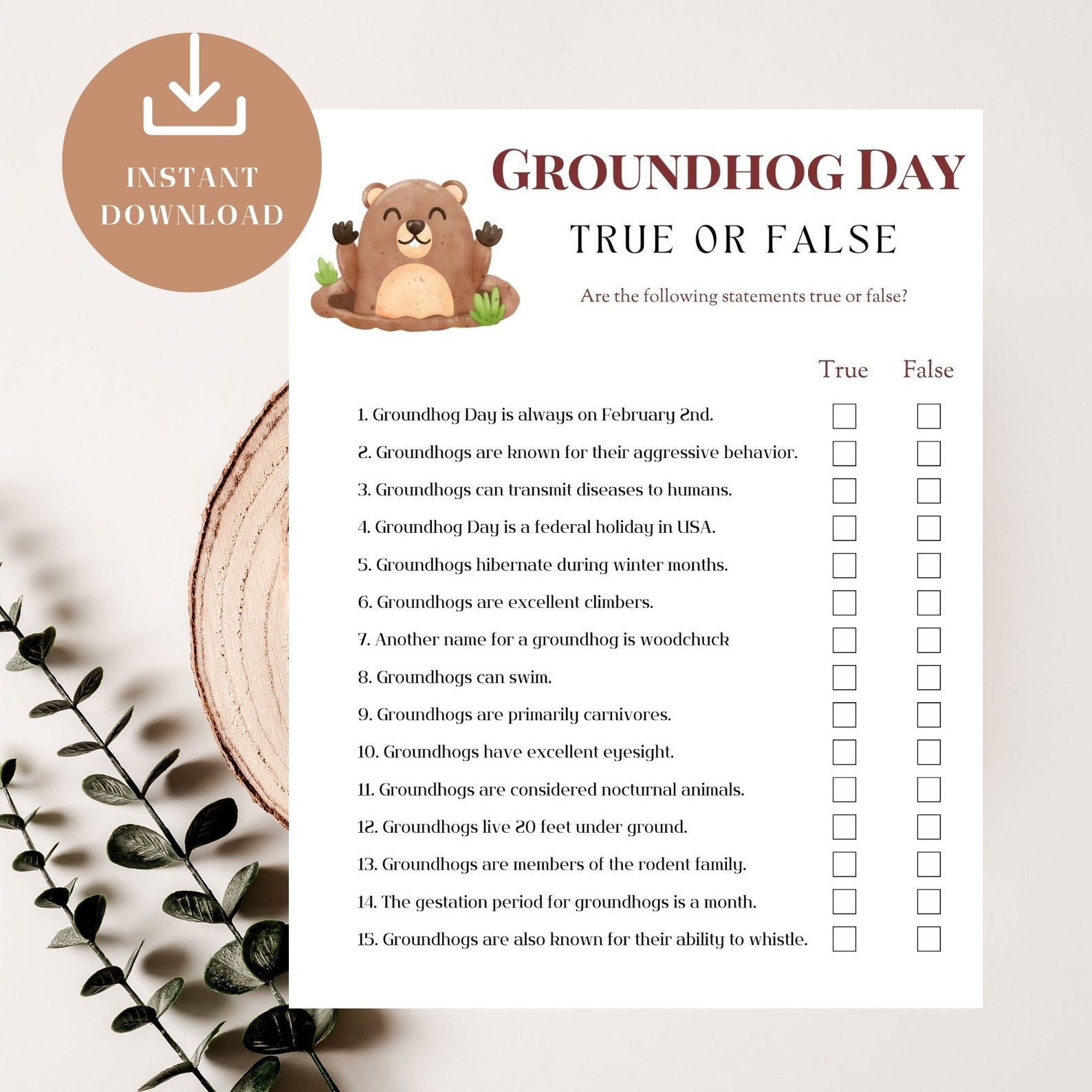 Groundhog Day True or False Trivia, Fun Groundhog Party Game for Kids ...