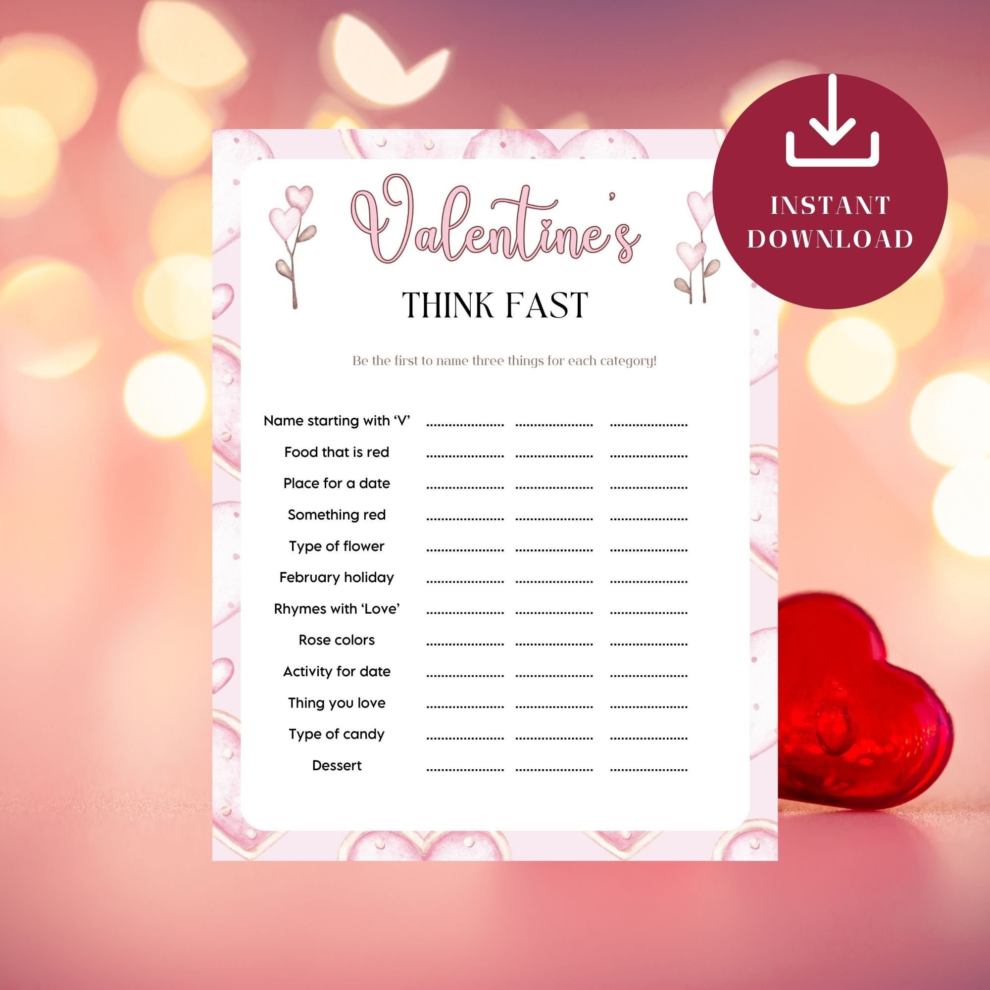 Valentine's Day Kids Party Game Printable, Think Fast, V Day Last ...