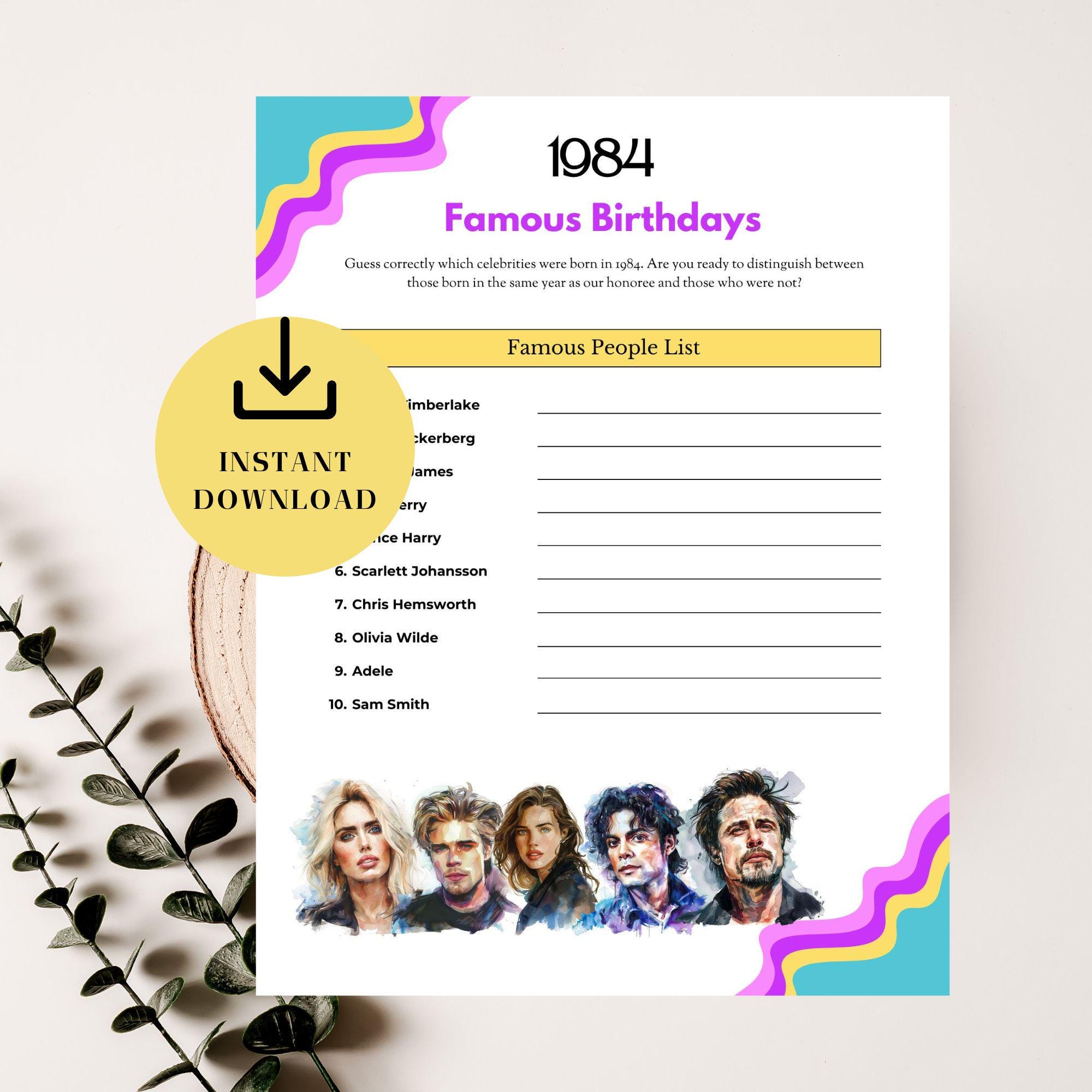 40th Birthday Party Game, Born in 1984, 1984 Trivia Game, Famous People ...