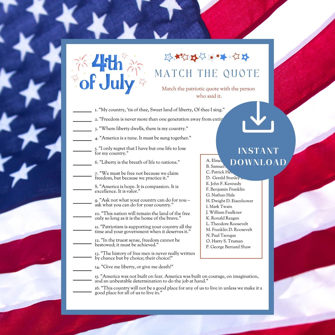 4th of July Party Game for Adults, Match the Quotes, Patriotism, USA ...