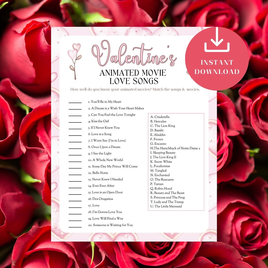 Animated Movie Love Songs Match, Valentine's Day Party Games, DIY ...